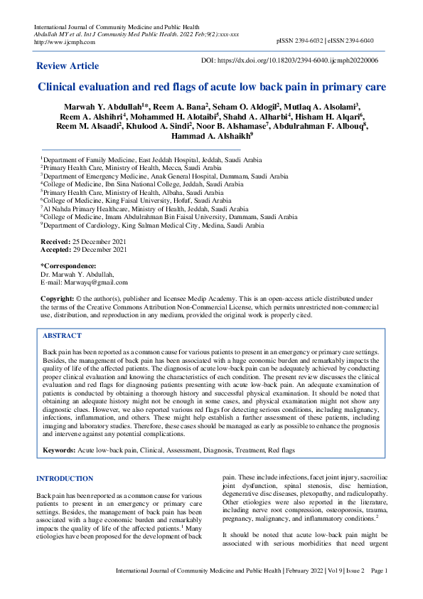 (PDF) Clinical evaluation and red flags of acute low back pain in primary care