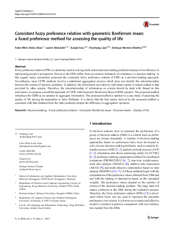 Pdf Consistent Fuzzy Preference Relation With Geometric Bonferroni Mean A Fused Preference