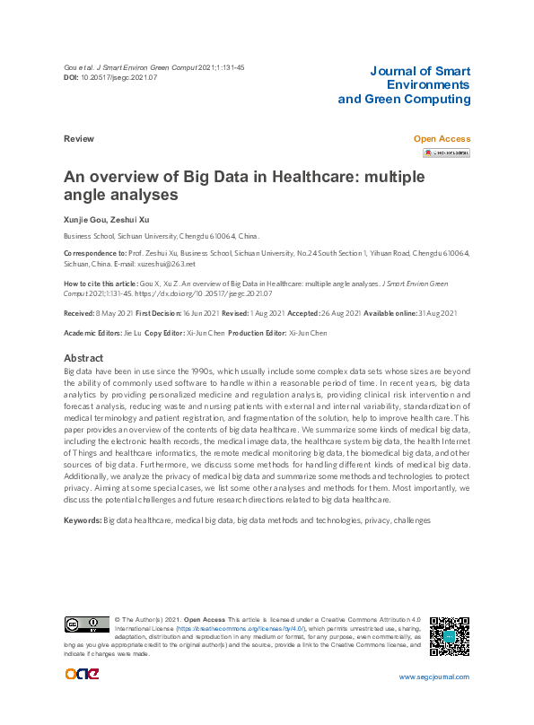 (PDF) An overview of Big Data in Healthcare: multiple angle analyses