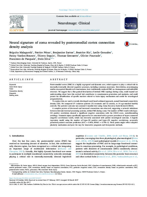 (PDF) Neural signature of coma revealed by posteromedial cortex connection density analysis ...