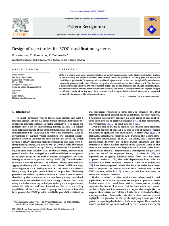 Pdf Design Of Reject Rules For Ecoc Classification Systems