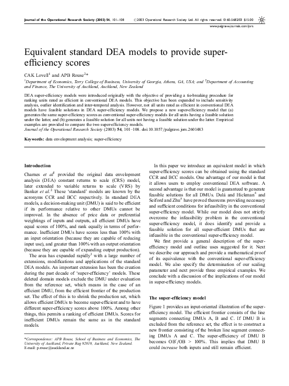 (PDF) Equivalent standard DEA models to provide super-efficiency scores