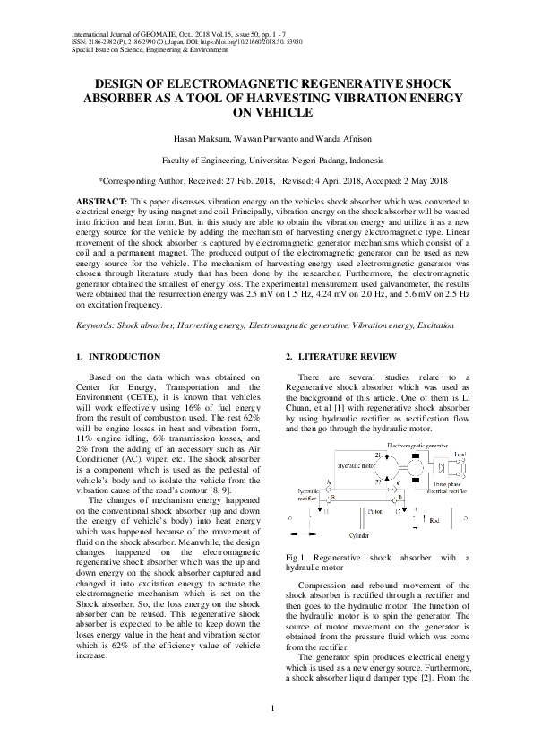 Pdf Design Of Electromagnetic Regenerative Shock Absorber As A Tool Of Harvesting Vibration