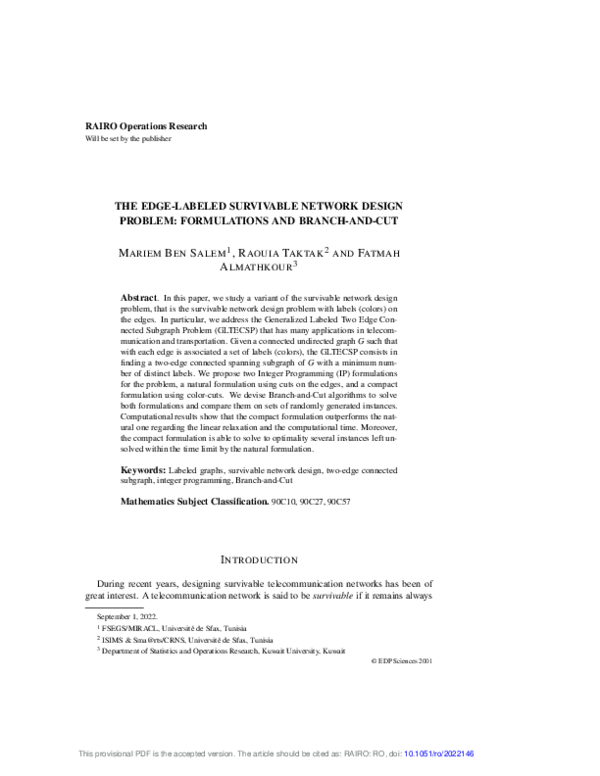 (PDF) The edge-labeled survivable network design problem: Formulations and branch-and-cut