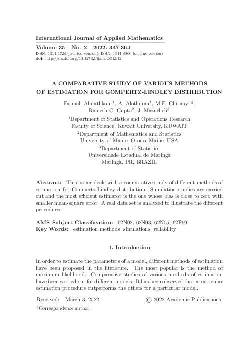 (PDF) A Comparative Study of Various Methods of Estimation for Gompertz-Lindley Distribution