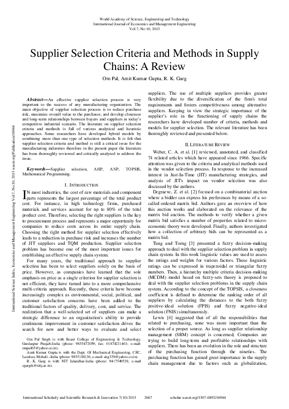 (PDF) Supplier Selection Criteria and Methods in Supply Chains: A Review