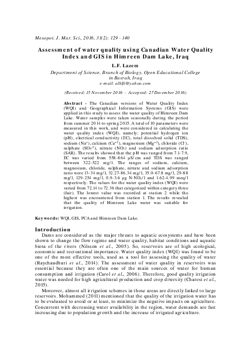(PDF) Assessment of water quality using Canadian Water Quality Index ...