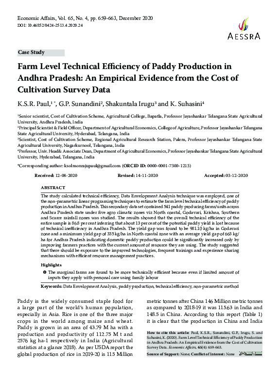 (PDF) Farm Level Technical Efficiency of Paddy Production in Andhra Pradesh: An Empirical ...