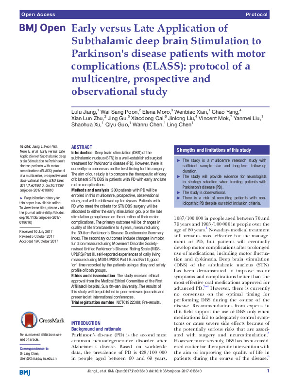 (PDF) Early versus Late Application of Subthalamic deep brain ...