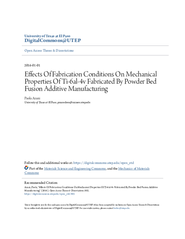 (PDF) Effects Of Fabrication Conditions On Mechanical Properties Of Ti-6al-4v Fabricated By ...