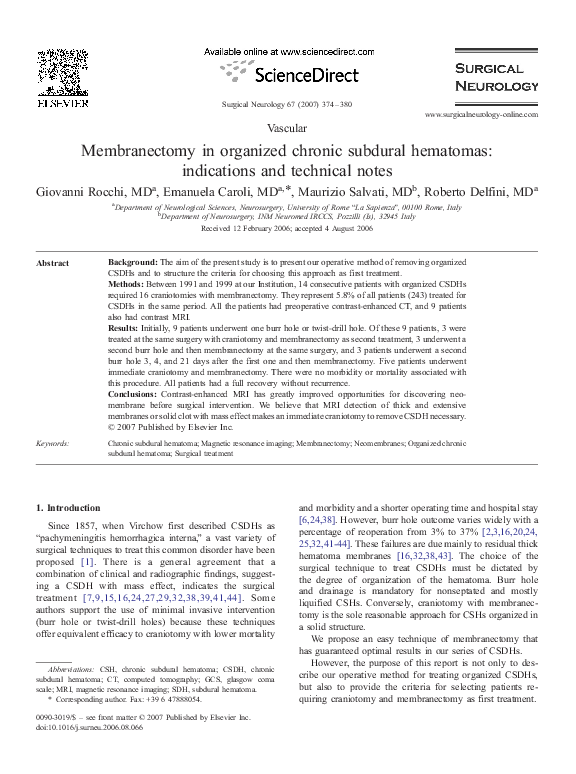 (PDF) Membranectomy in organized chronic subdural hematomas ...