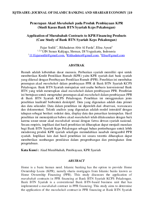 (PDF) Penerapan Akad Murabahah pada Produk Pembiayaan KPR (Studi Kasus Bank BTN Syariah Kcps ...