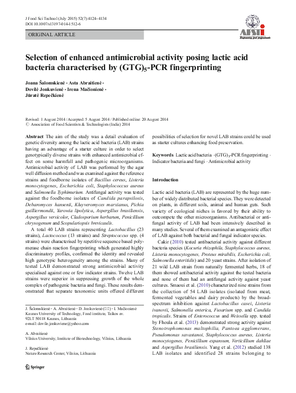 (PDF) Selection of enhanced antimicrobial activity posing lactic acid bacteria characterised by ...