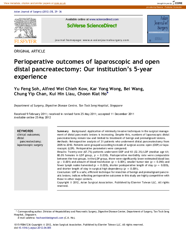 (PDF) Laparoscopic distal pancreatectomy: Up-to-date and literature review | Maurizio Iacobone ...