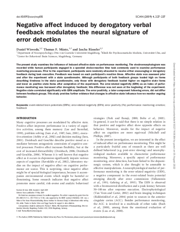 (PDF) Negative affect induced by derogatory verbal feedback modulates ...