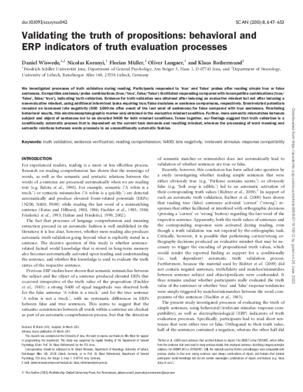 (PDF) Validating the truth of propositions: behavioral and ERP ...