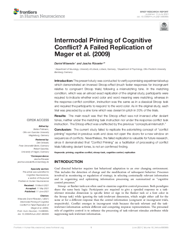 (PDF) Intermodal Priming of Cognitive Conflict? A Failed Replication of Mager et al. (2009 ...
