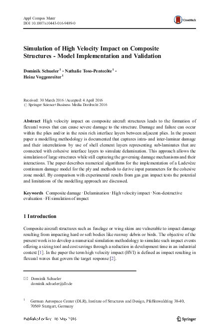 (PDF) Simulation of High Velocity Impact on Composite Structures - Model Implementation and ...