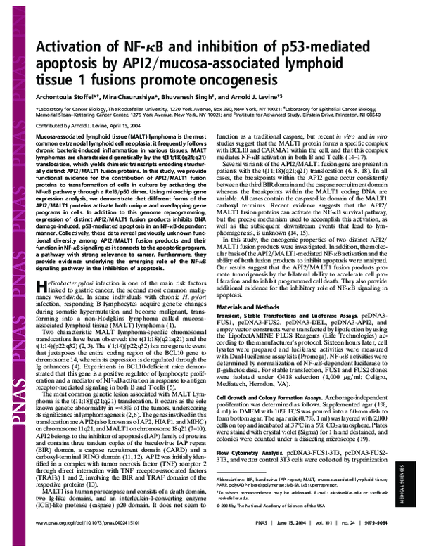 (PDF) Activation of NF-κB and inhibition of p53-mediated apoptosis by API2/mucosa-associated ...