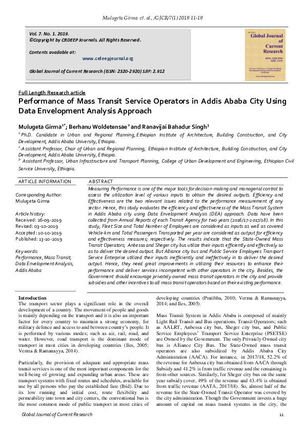 (PDF) Performance of Mass Transit Service Operators in Addis Ababa City ...