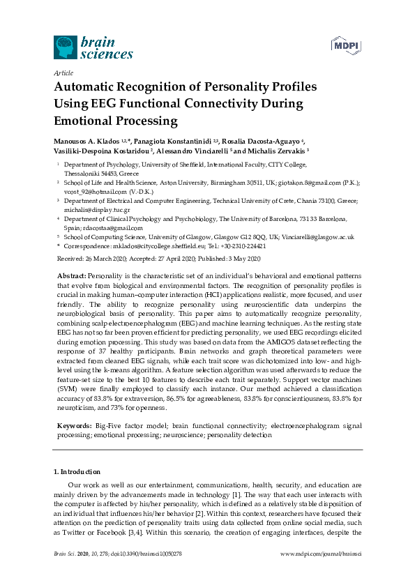 (PDF) Automatic Recognition of Personality Profiles Using EEG Functional Connectivity during ...