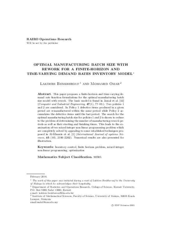 Pdf Optimal Manufacturing Batch Size With Rework For A Finite Horizon And Time Varying Demand