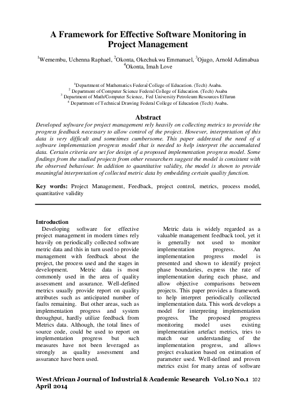 (PDF) A Framework for Effective Software Monitoring in Project Management