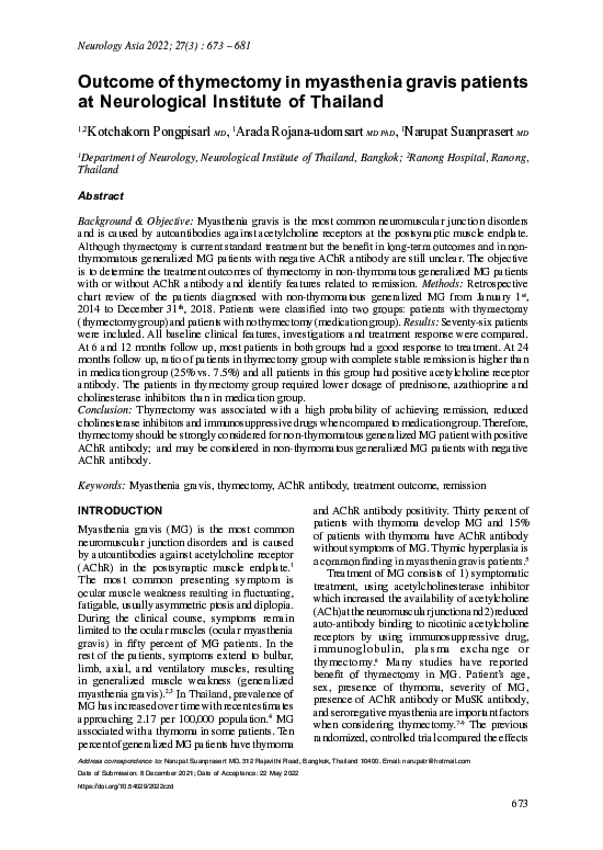 (PDF) Thymectomy Outcomes in Myasthenia Gravis Patients
