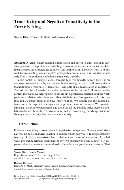(PDF) Transitivity and Negative Transitivity in the Fuzzy Setting