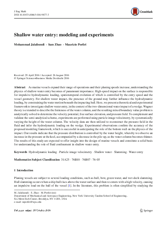 (PDF) Shallow water entry: modeling and experiments