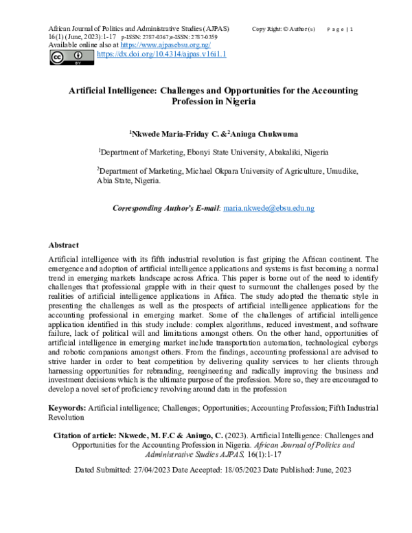 (PDF) Artificial Intelligence: Challenges and Opportunities for the Accounting Profession in Nigeria