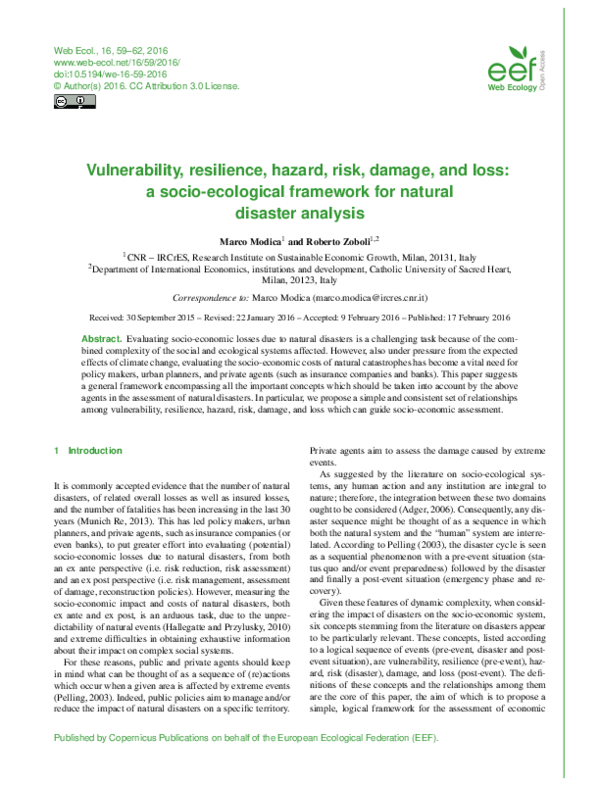 (PDF) Vulnerability, resilience, hazard, risk, damage, and loss: a ...