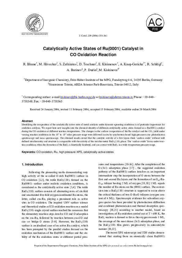 (PDF) Catalytically active states of Ru(0001) catalyst in CO oxidation ...