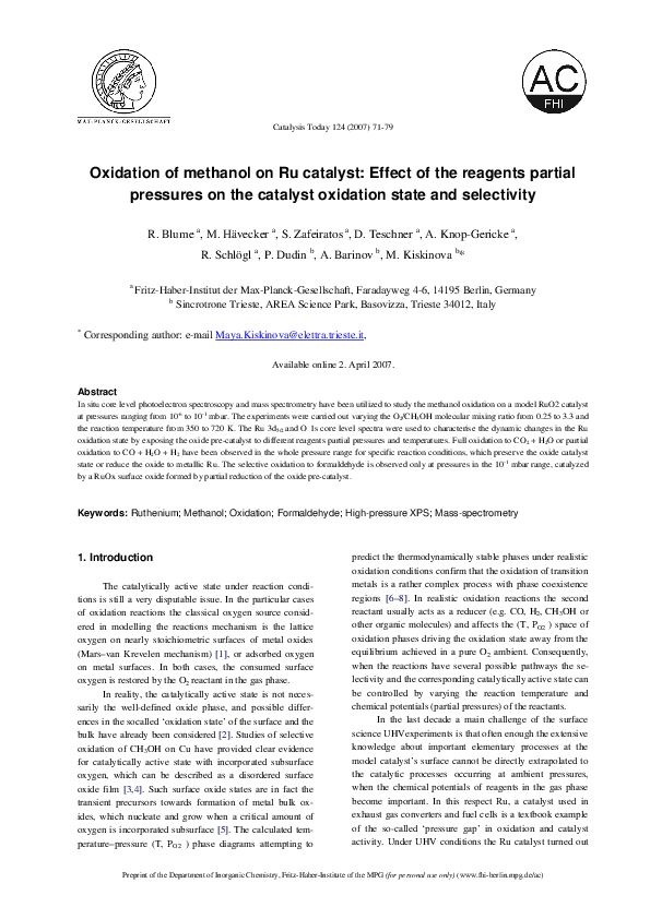 (PDF) Oxidation of methanol on Ru catalyst: Effect of the reagents ...