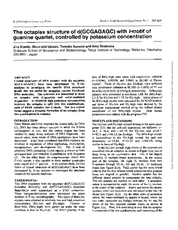 (PDF) The octaplex structure of d(GCGAGAGC) with I-motif of guanine ...