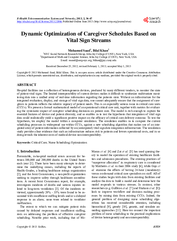 (PDF) Dynamic Optimization of Caregiver Schedules Based on Vital Sign Streams