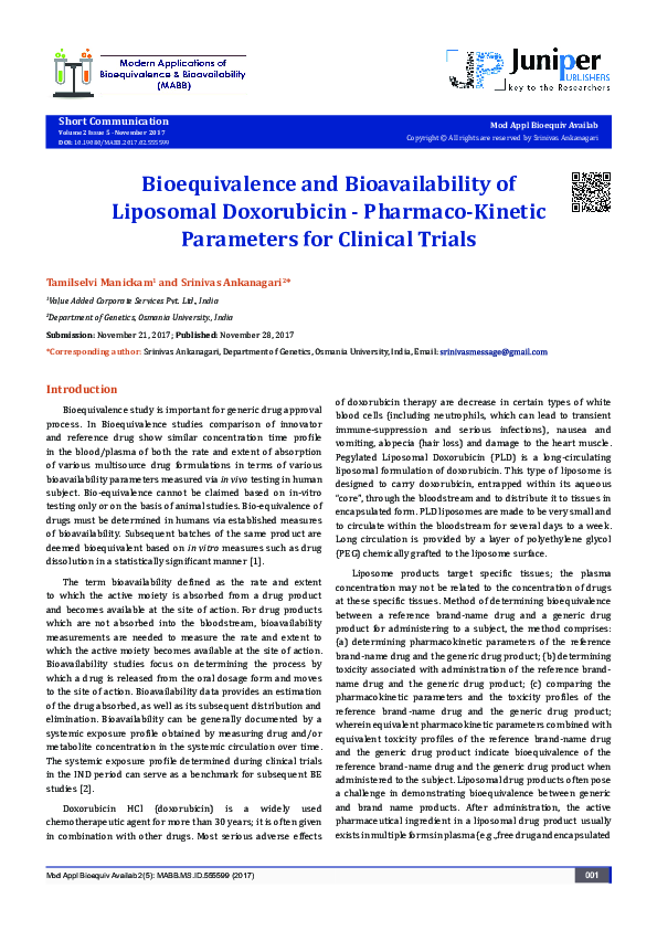 (PDF) Bioequivalence and Bioavailability of Liposomal Doxorubicin ...