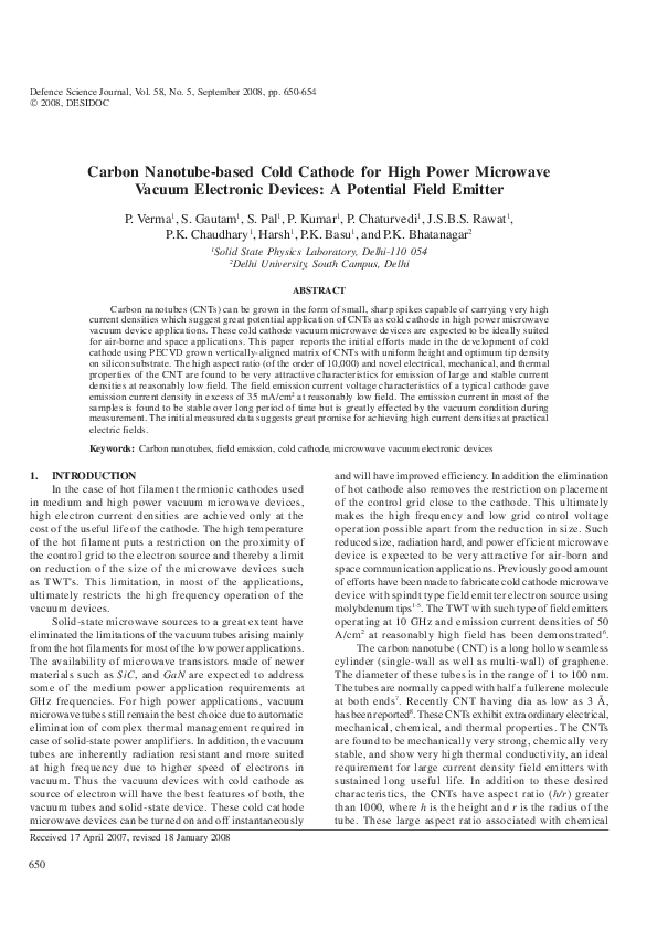 (PDF) Carbon Nanotube-based Cold Cathode for High Power MicrowaveVacuum Electronic Devices: A ...