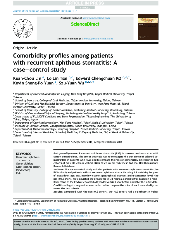 (PDF) Comorbidity profiles among patients with recurrent aphthous stomatitis: A case–control ...