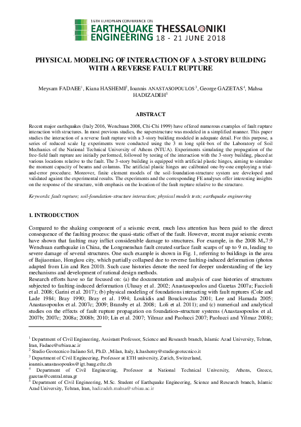 (PDF) Physical Modeling of Interaction of a 3-Story Building with a Reverse Fault Rupture