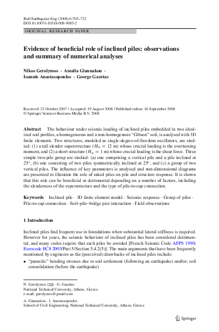 (PDF) Evidence of beneficial role of inclined piles: observations and summary of numerical analyses