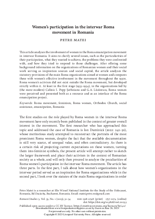 (PDF) Women's participation in the interwar Roma movement in Romania