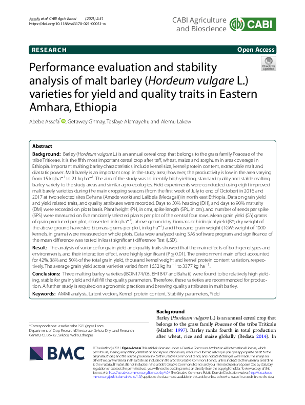(PDF) Performance evaluation and stability analysis of malt barley (Hordeum vulgare L ...
