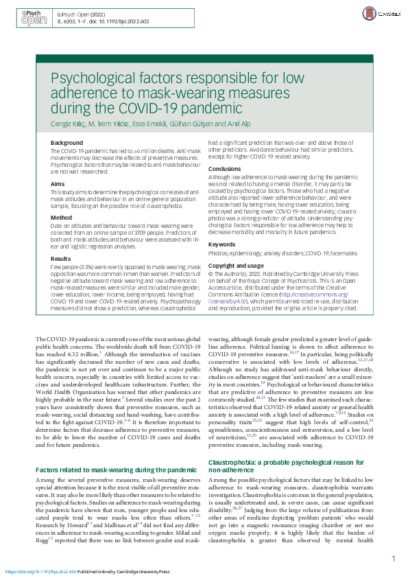 (PDF) Psychological factors responsible for low adherence to mask ...