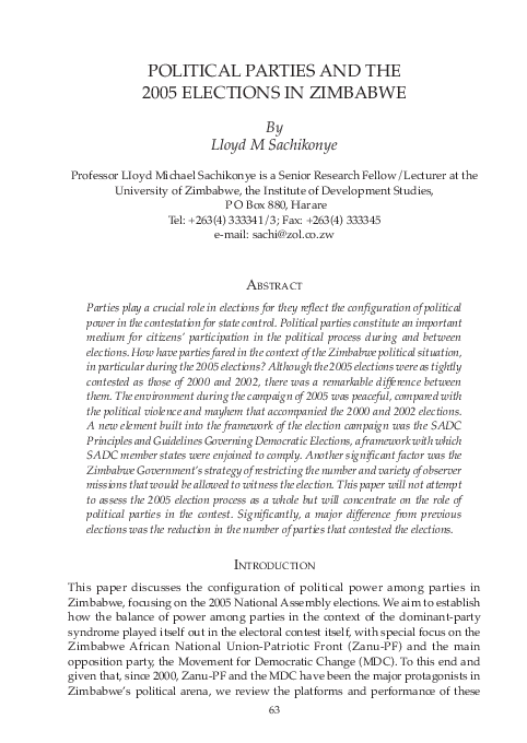 (PDF) Political Parties and the 2005 Elections in Zimbabwe