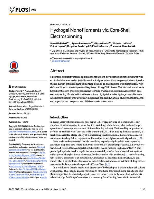 (PDF) RESEARCH ARTICLE Hydrogel Nanofilaments via Core-Shell