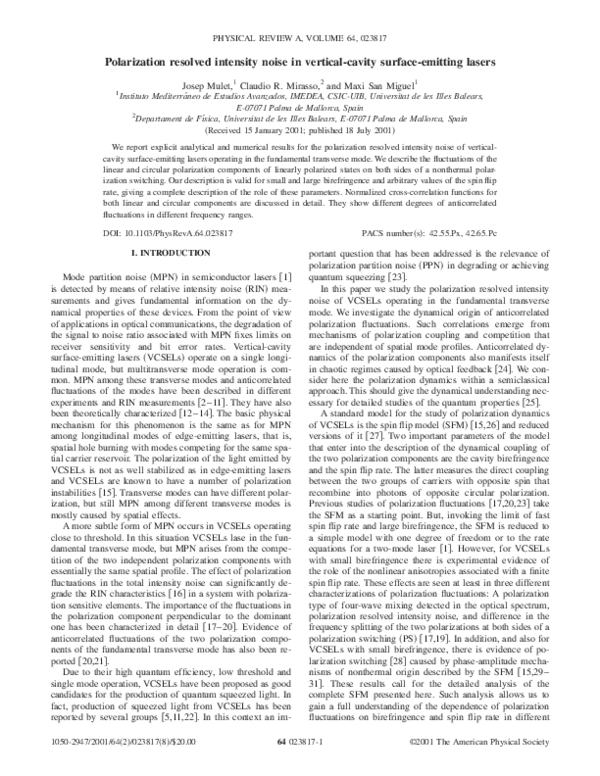(PDF) Polarization resolved intensity noise in vertical-cavity surface-emitting lasers