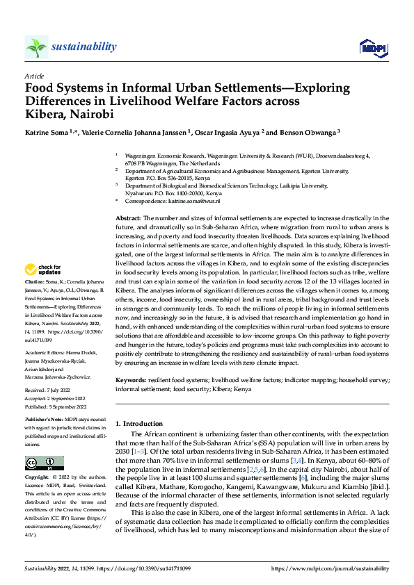 (PDF) Food Systems in Informal Urban Settlements—Exploring Differences in Livelihood Welfare ...