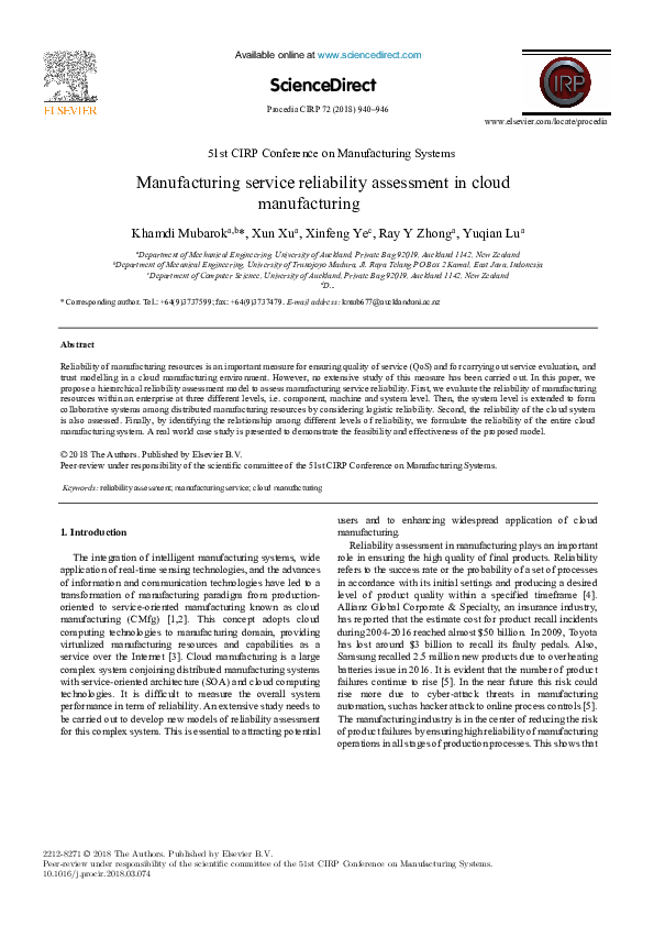 (PDF) Manufacturing service reliability assessment in cloud manufacturing