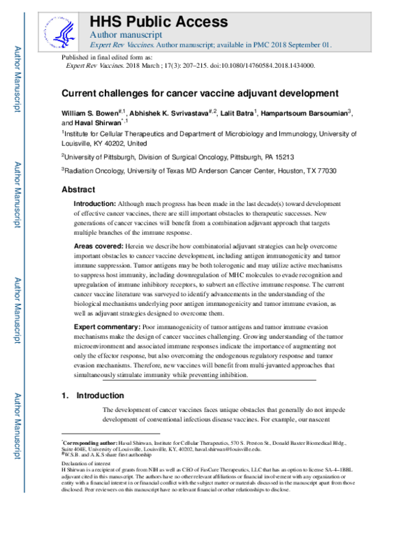 (PDF) Current challenges for cancer vaccine adjuvant development